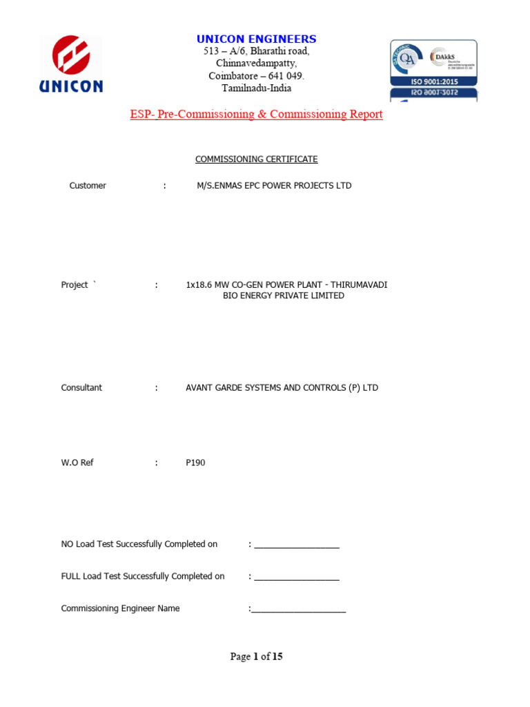 P190 - Commissioning Report | PDF | Electrical Equipment | Manufactured Goods