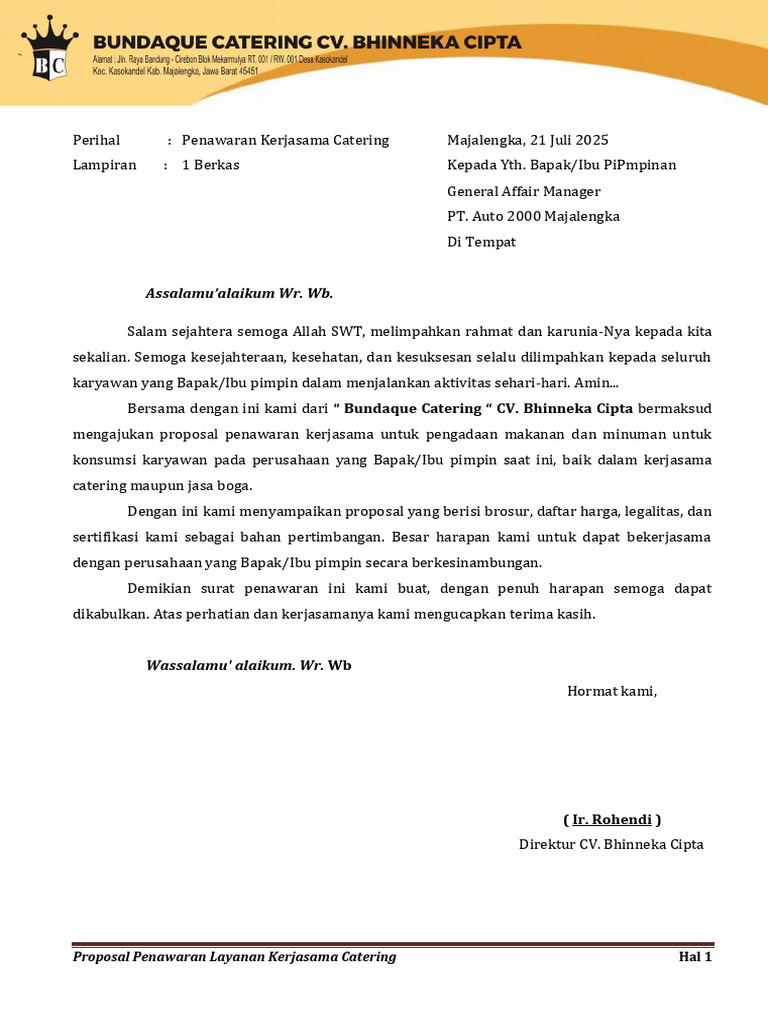 Penawaran Kerjasama Catering Bundaque | PDF