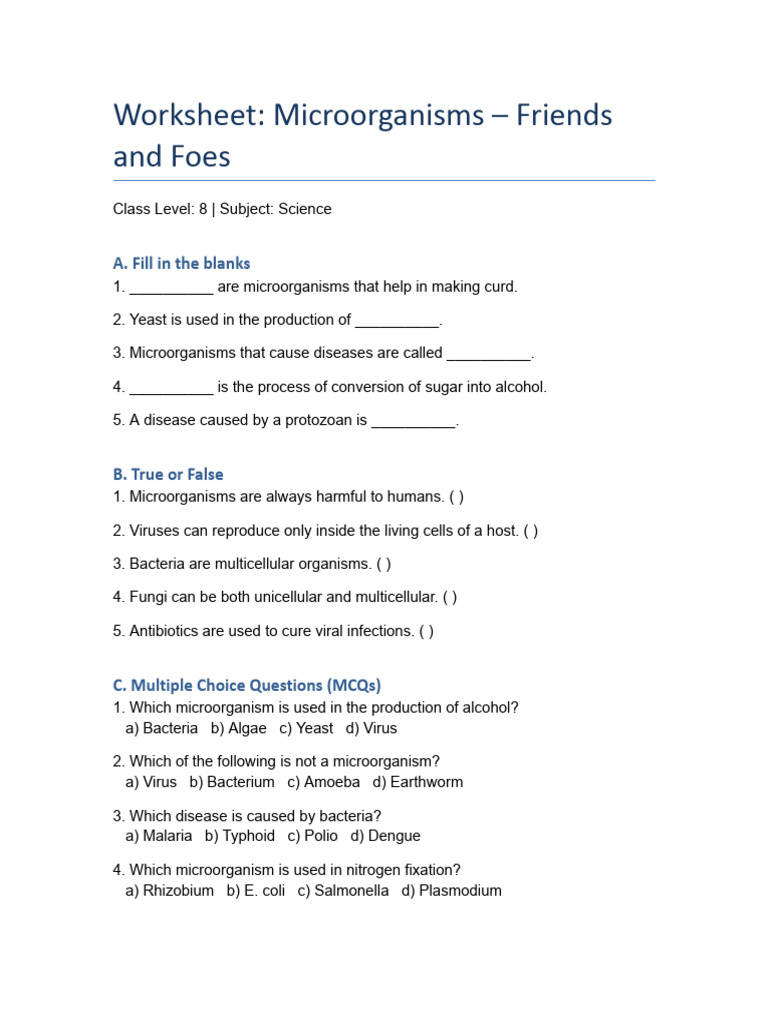 Microorganisms Friends and Foes Worksheet | PDF