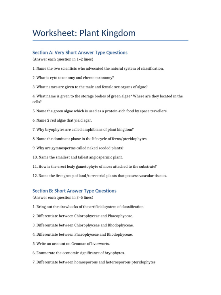 Plant Kingdom Worksheet | PDF | Plants | Biological Interactions