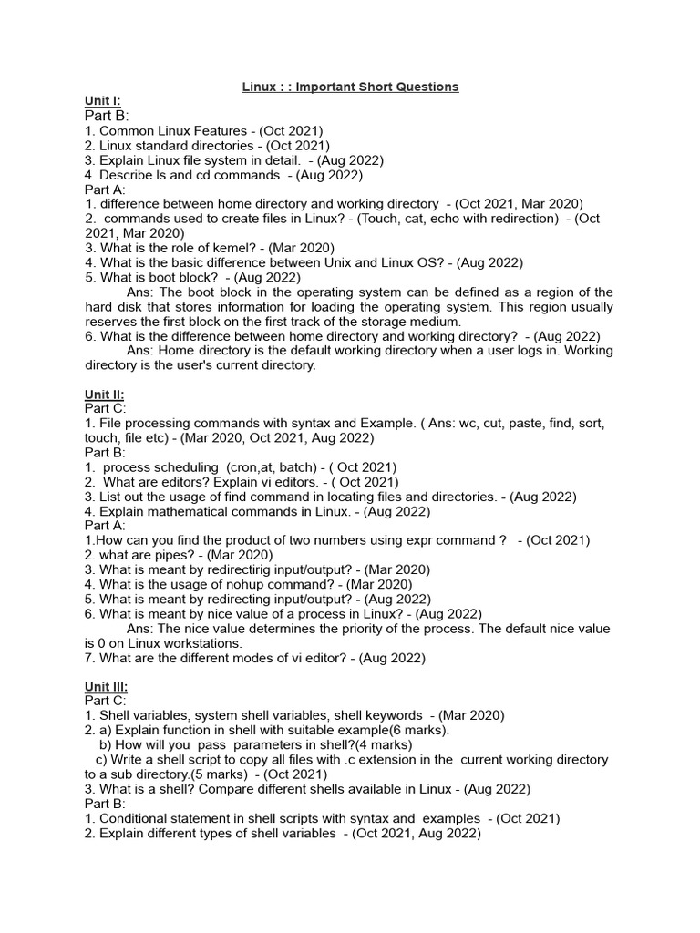 Linux - Important Questions From Question Papers | PDF | Operating System | Computer File