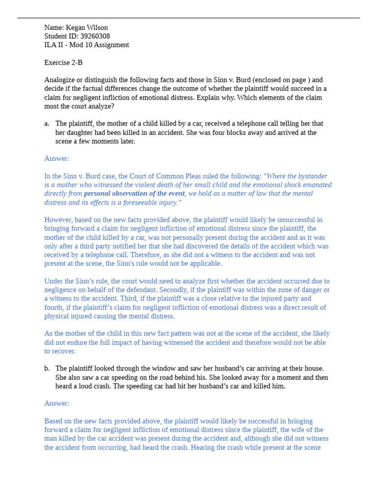 Wilson CL601 ILA II Module 10 Assignment | PDF | Negligence | Tort