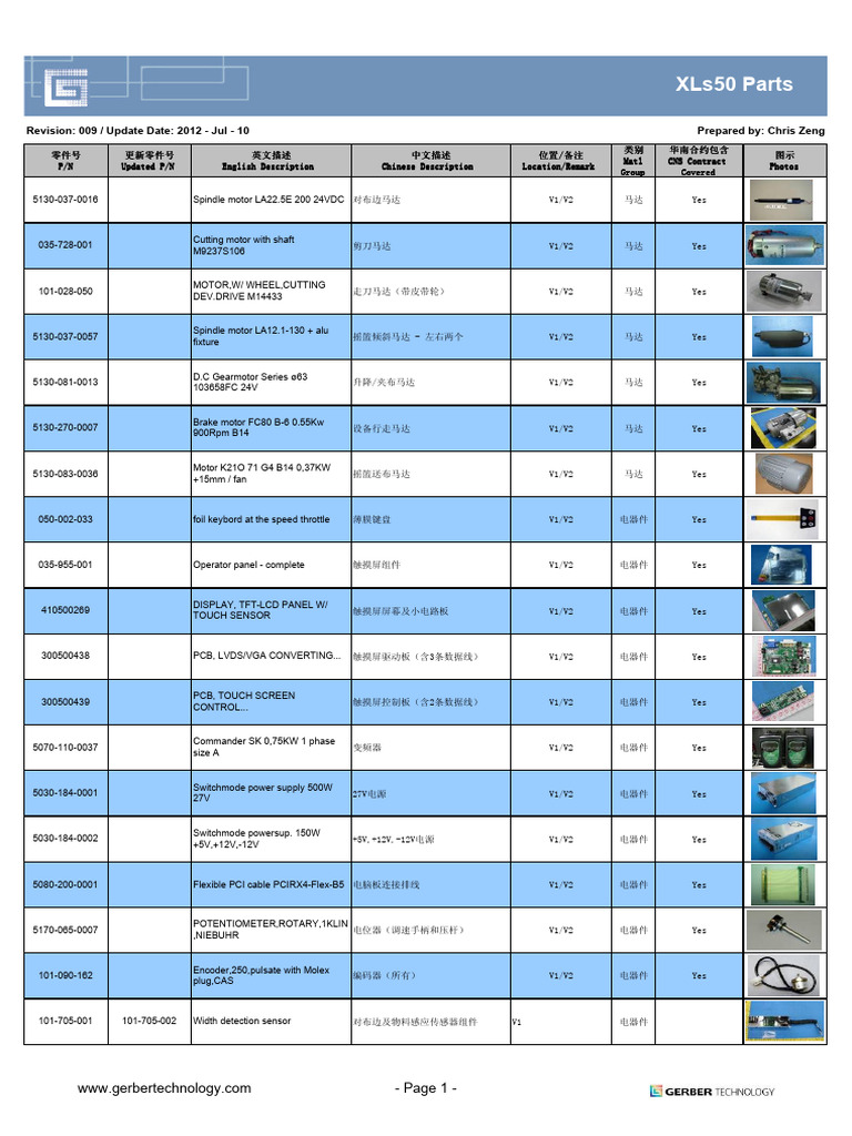Gerber XLs50 Common Parts List-Rev009 | PDF