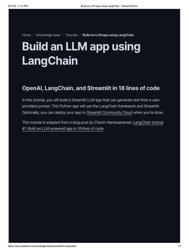 Build An LLM App Using LangChain - Streamlit Docs | PDF | Cloud Computing | Command Line Interface