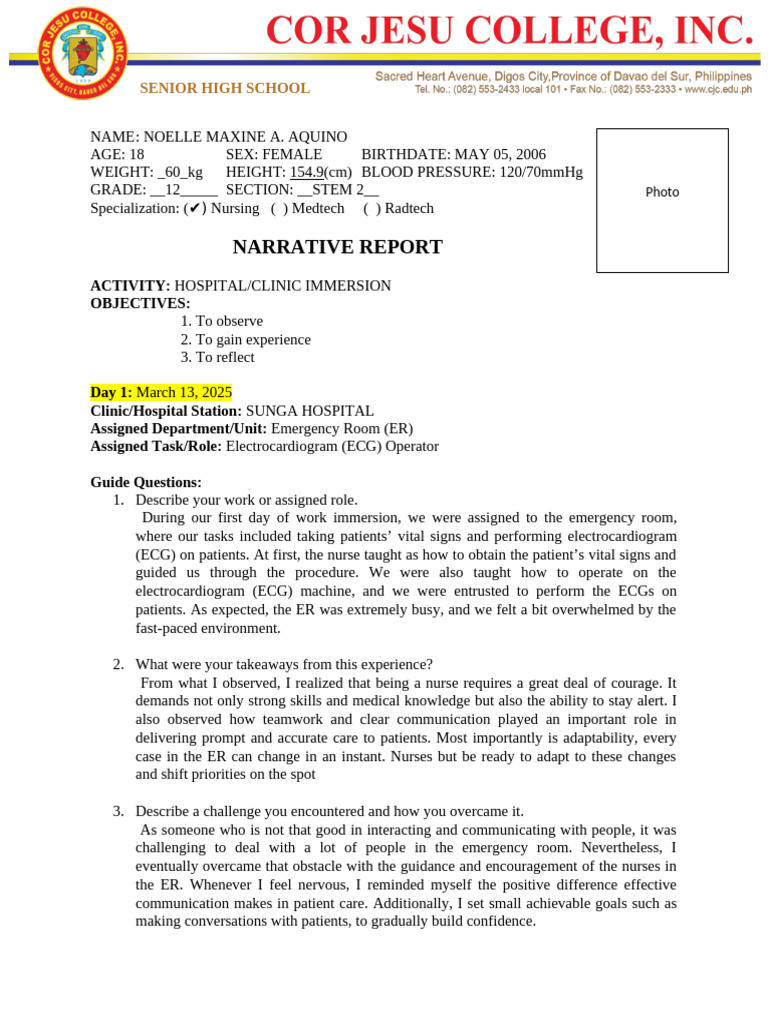 Work Immersion - Narrative Report .AQUINO | PDF | Hand Washing | Massage