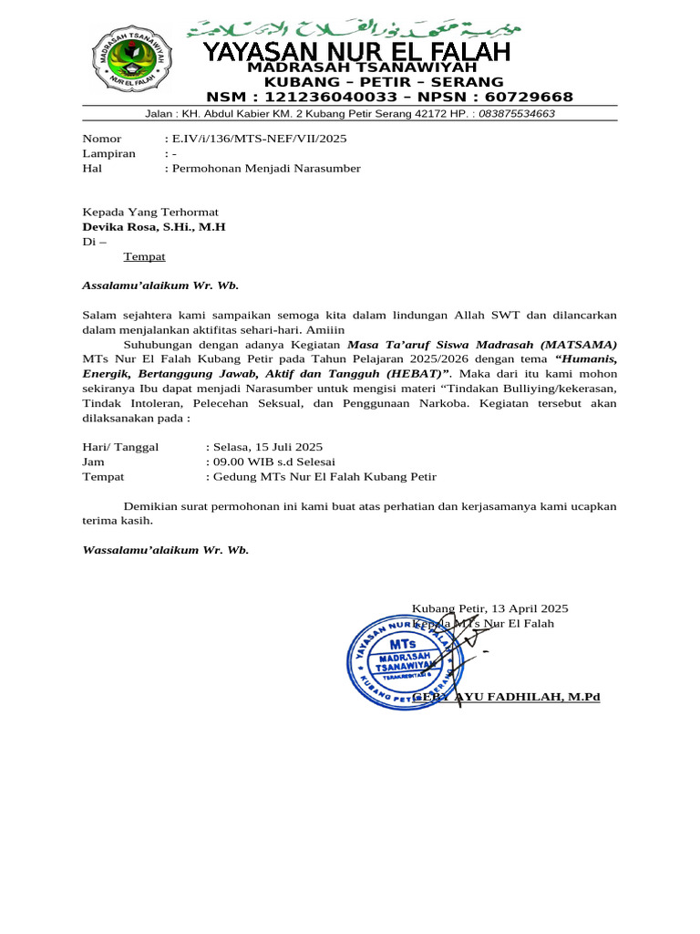 Surat Permohonan Narasumber Tindakan Bullying Kekerasan-Tindak Intoleran-Pelecehan Seksual ...