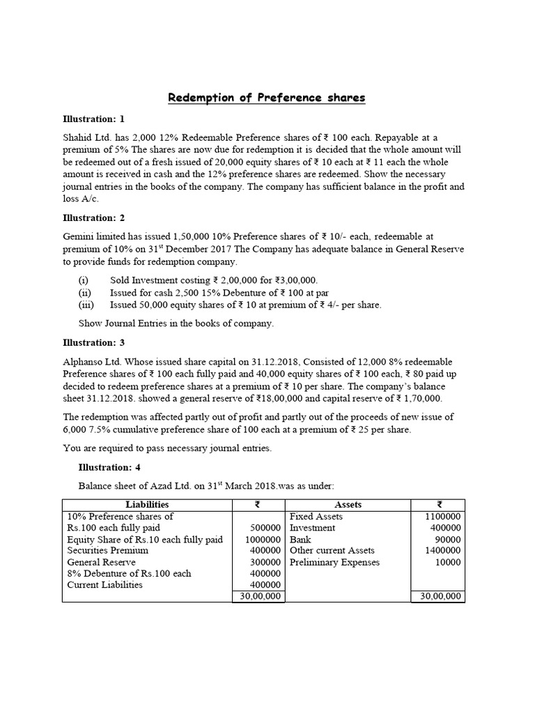 Preference Share Redemption Journal Entries | PDF | Equity (Finance ...