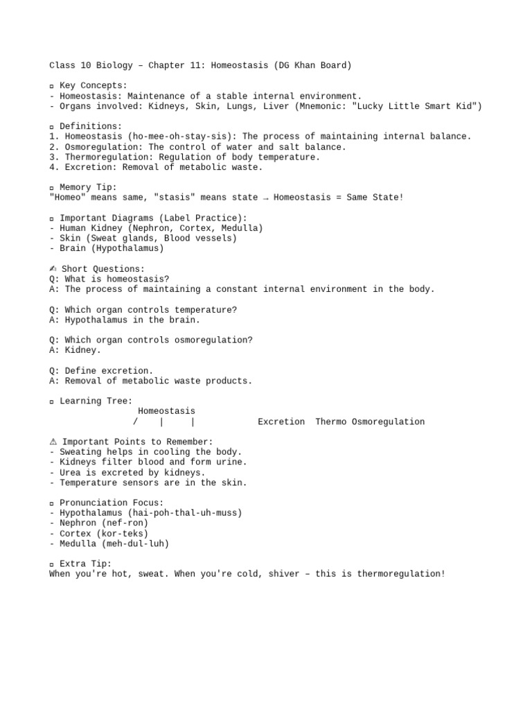 Biology Chapter 11 Homeostasis Notes | PDF