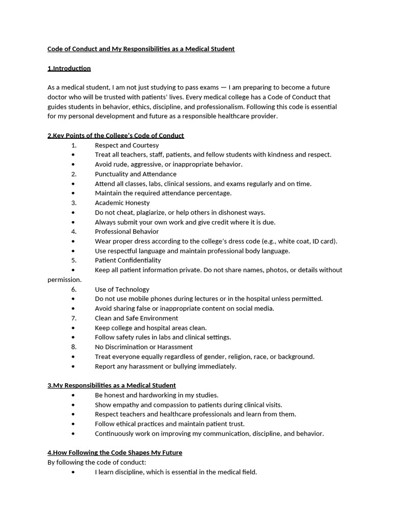 Code of Conduct and My Responsibilities As A Medical Student | PDF ...