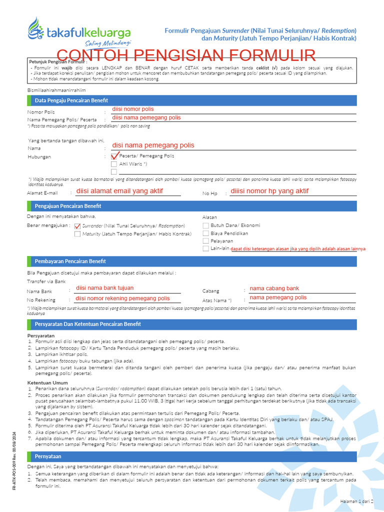 Contoh Pengisian Form Pengajuan Surrender & Maturity | PDF