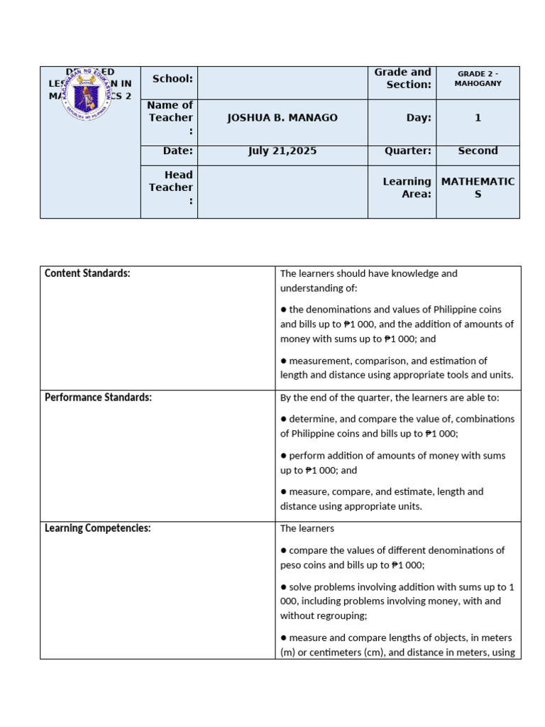 Detailed Lesson Plan in Mathematics Format | PDF | Metre | Lesson Plan