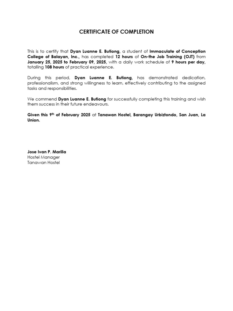 Certificate of Completion - Ojt PDF | PDF