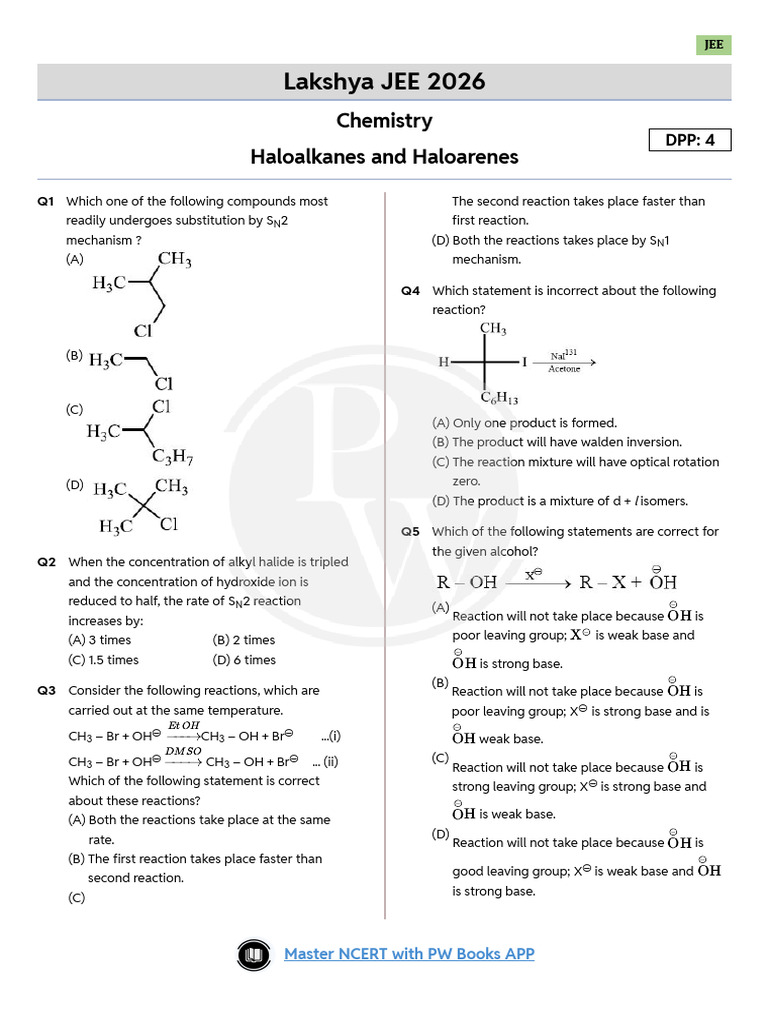Haloalkanes and Haloarenes - DPP 04 (Of Lec 05) - Lakshya JEE 2026 | PDF | Chemical Reactions ...