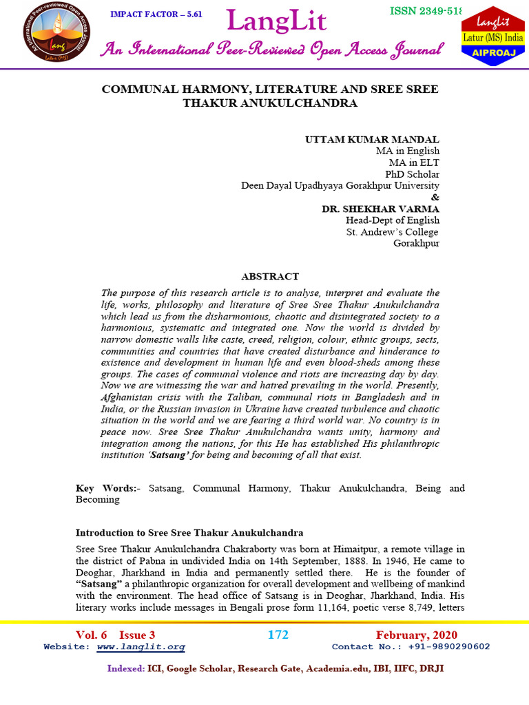 Communal Harmony and Thakur Anukulchandra | PDF