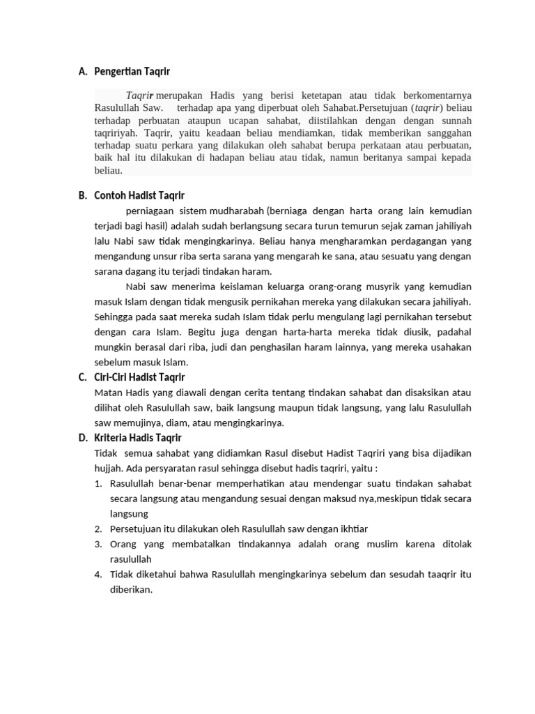 Pengertian dan Contoh Hadis Taqrir | PDF