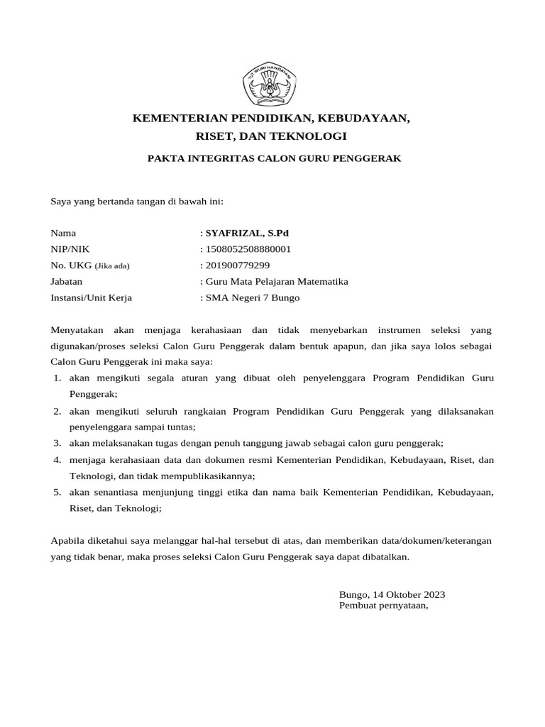 Pakta Integritas CGP 11 REGULER | PDF