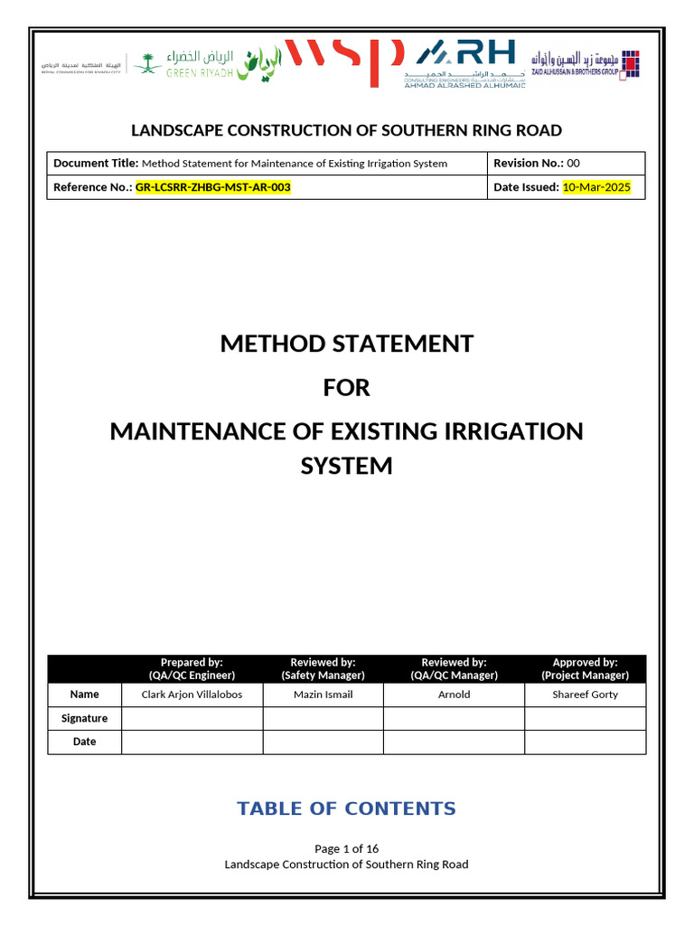 Method Statement For Existing Irrigation System Rev 1 | PDF | Leak | Valve