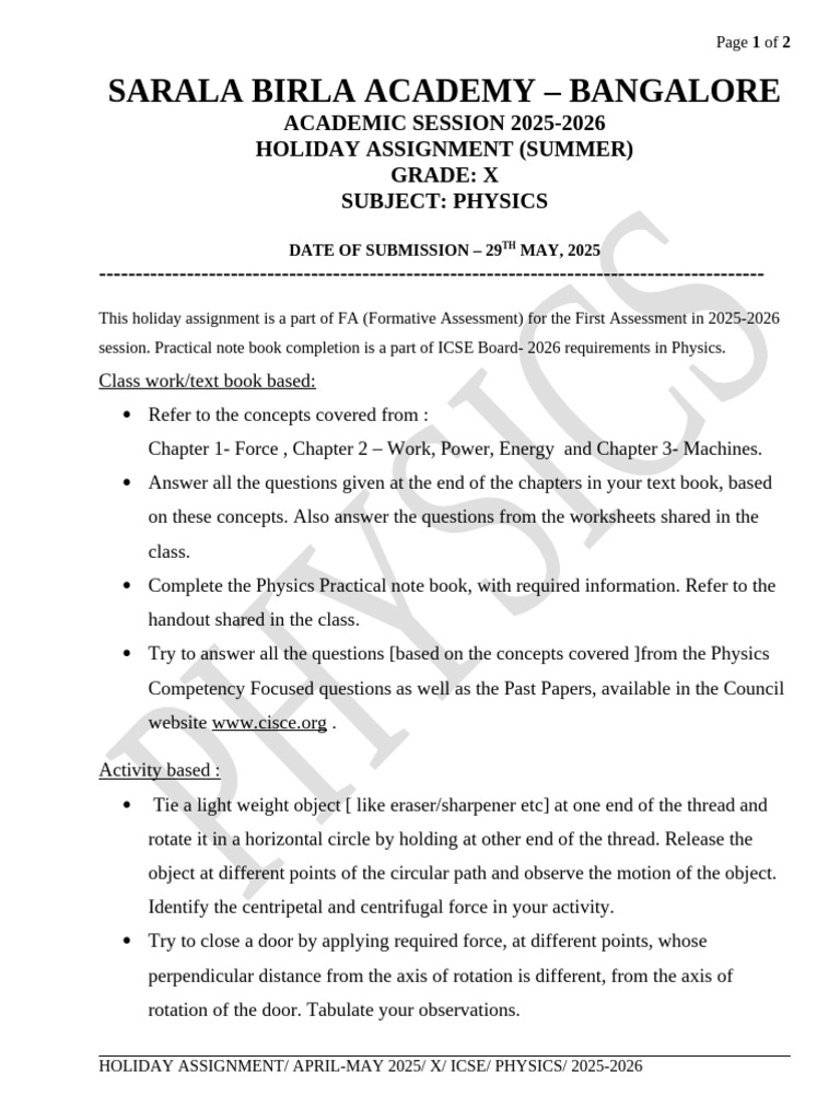 1) HHW-10 Icse-Phy-Bk-2025-26 | PDF | Rotation | Force