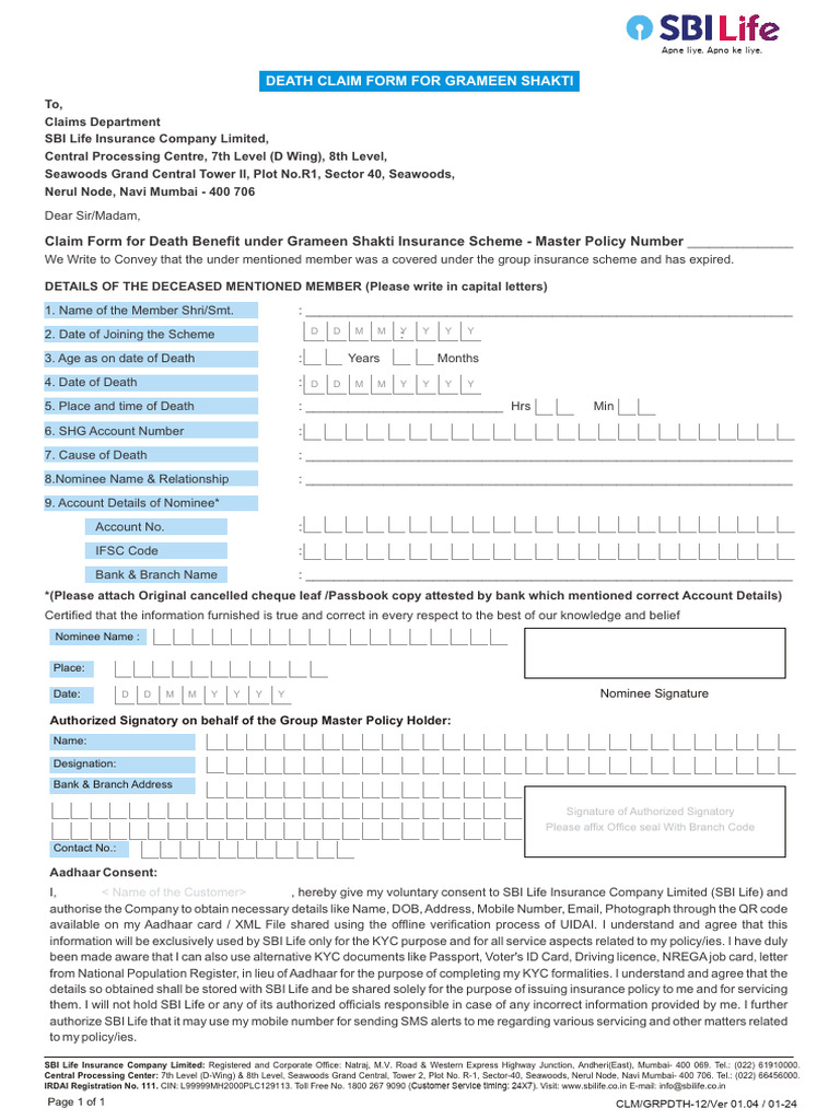 Death Claim Form Grameena Shakti English 20+2 | PDF | Authentication