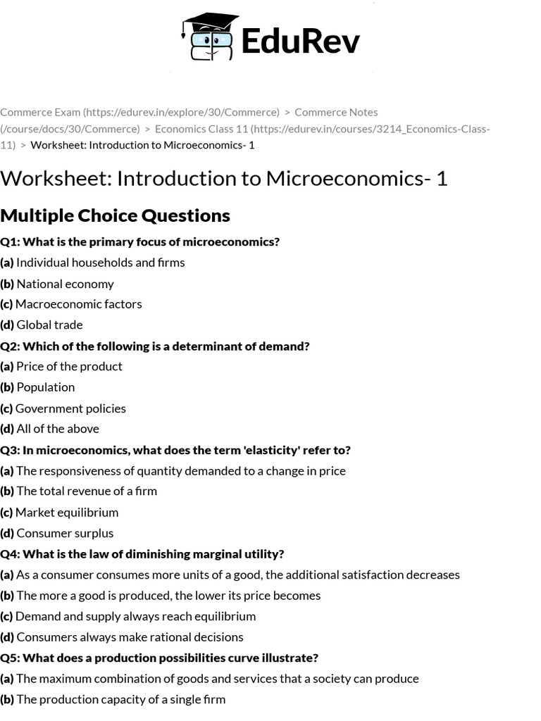 Class 11 Microeconomics Worksheet | PDF | Microeconomics | Demand