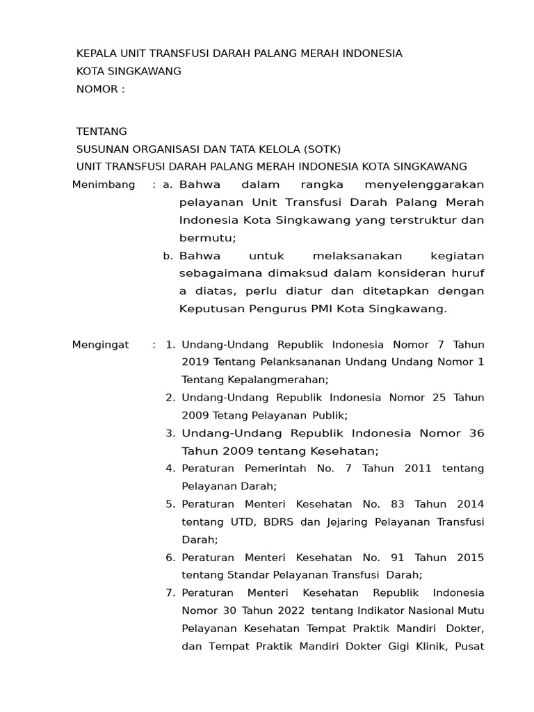 SOTK Unit Transfusi Darah PMI Singkawang | PDF