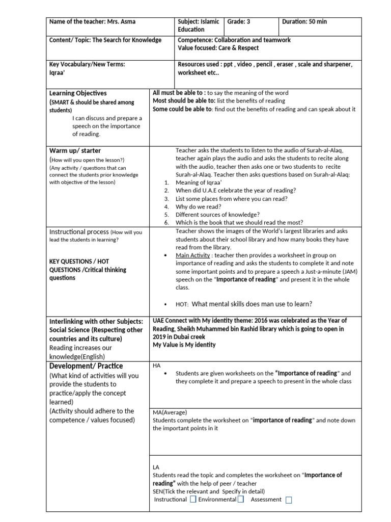 Lesson Plan The Search of Knowledge | PDF | Teachers | Education Theory