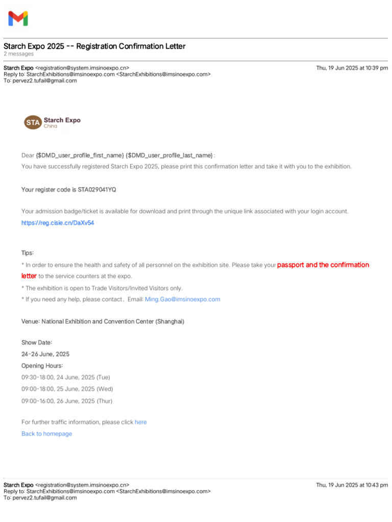 Gmail - Starch Expo 2025 - Registration Confirmation Letter | PDF