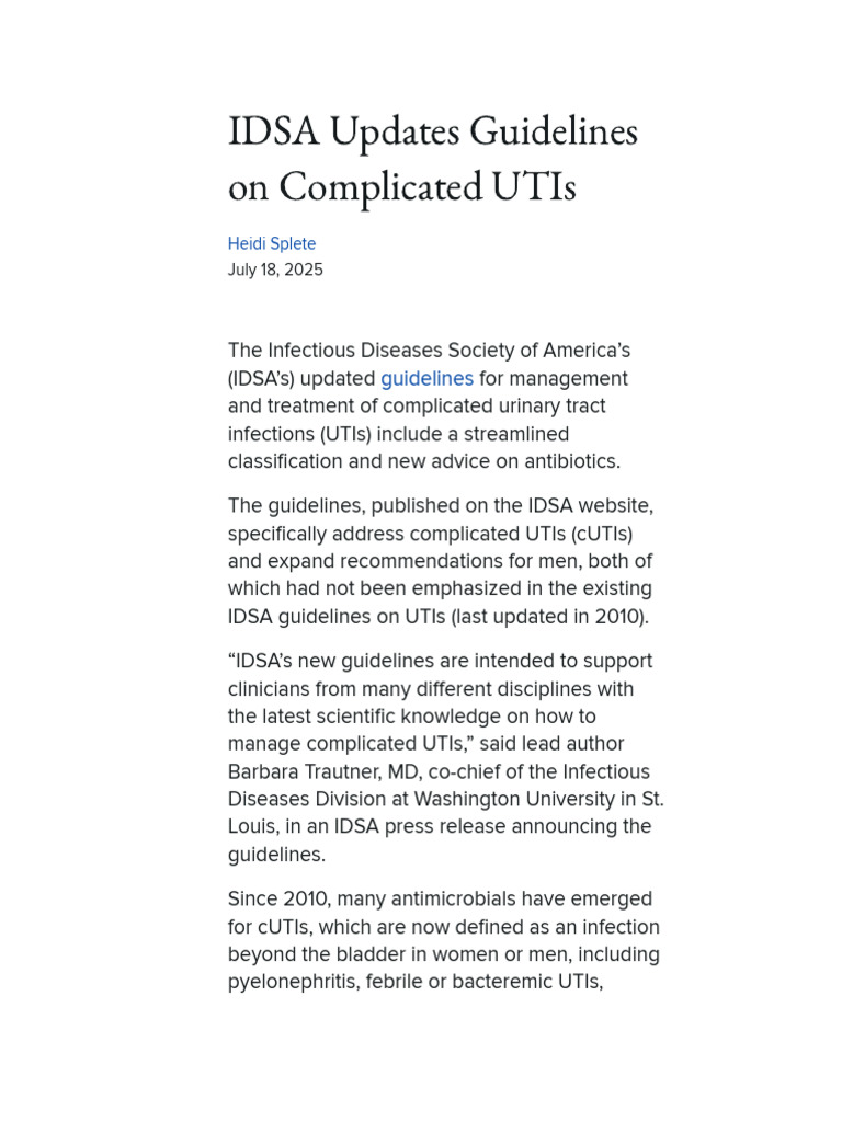 IDSA Issues Updated Guidelines On Complicated UTIs | PDF | Urinary ...