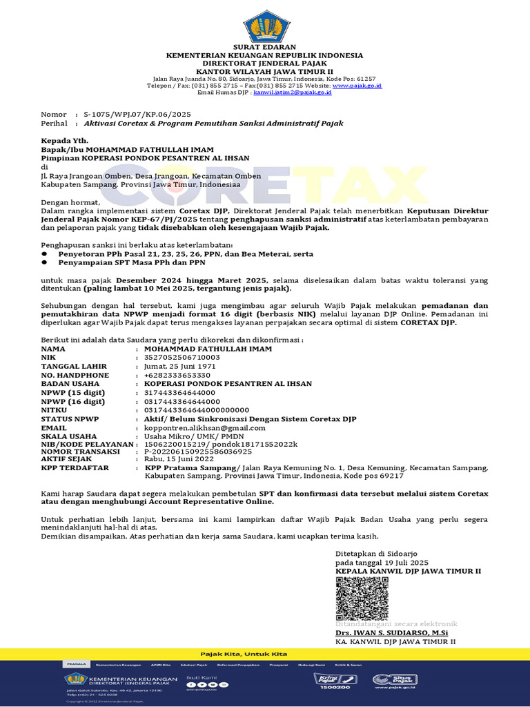 Surat Edaran Coretax Mohammad Fathullah Imam Koperasi Pondok Pesantren ...