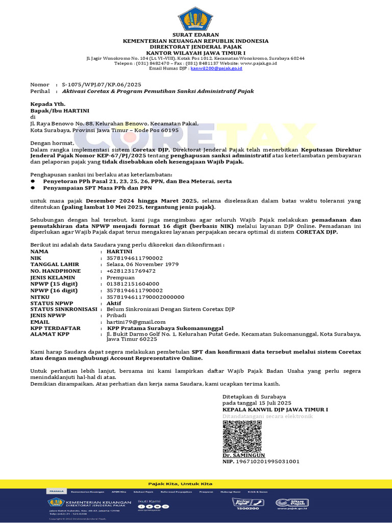 Surat Edaran Coretax - Hartini | PDF