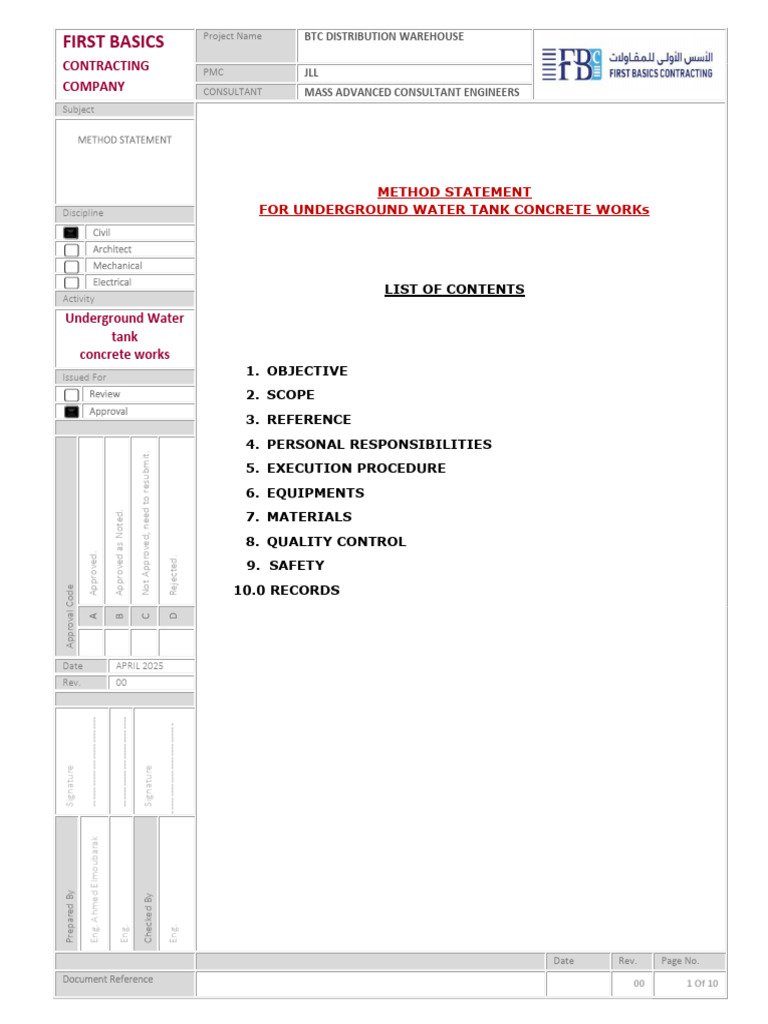 Method Statement for Underground Water Tank | PDF | Concrete | Quality ...