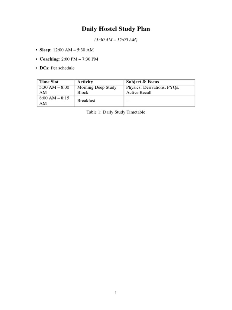 Daily Hostel Study Plan: Sleep Coaching Dcs | PDF