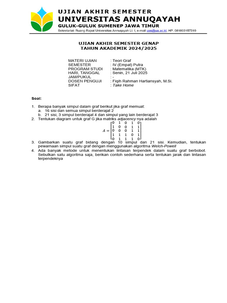 Soal Uas Genap Teori Graf Prodi MTK Sem Iv - 2025 | PDF