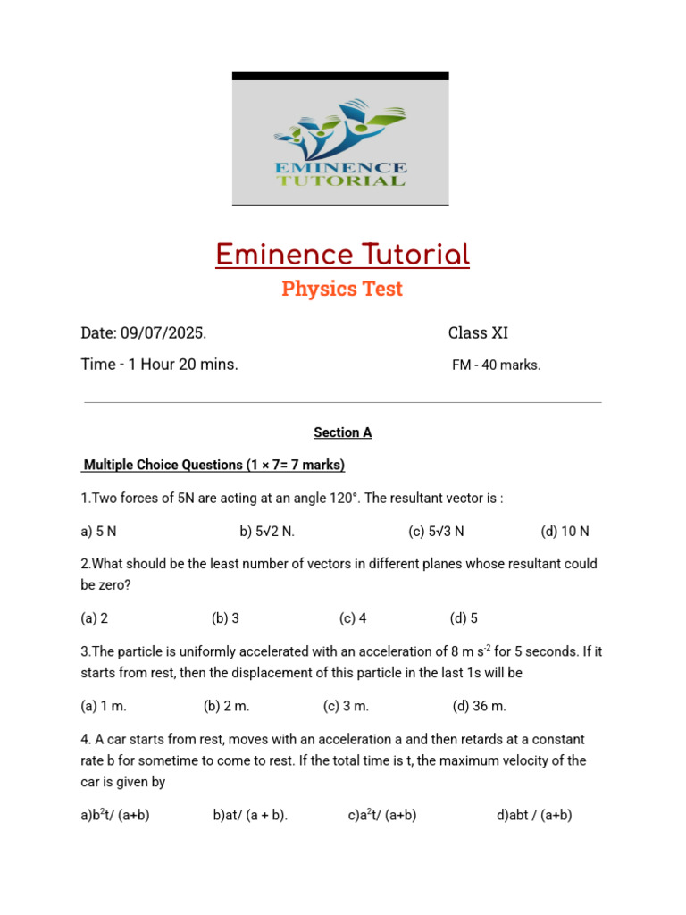 Physics Test Paper | PDF | Acceleration | Speed