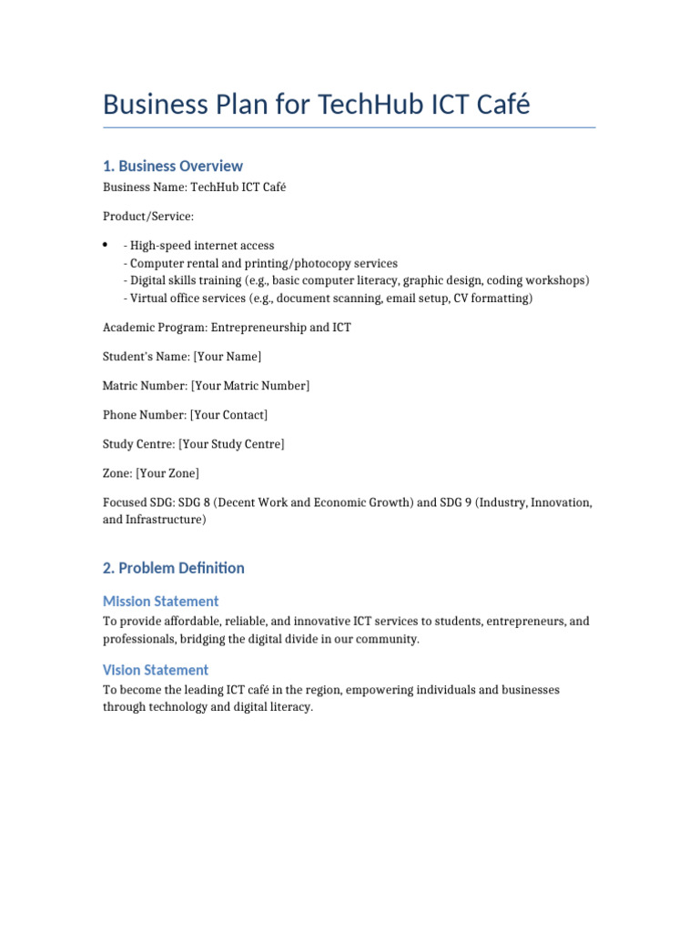 TechHub ICT Cafe Business Plan | PDF | Internet | Information And Communications Technology