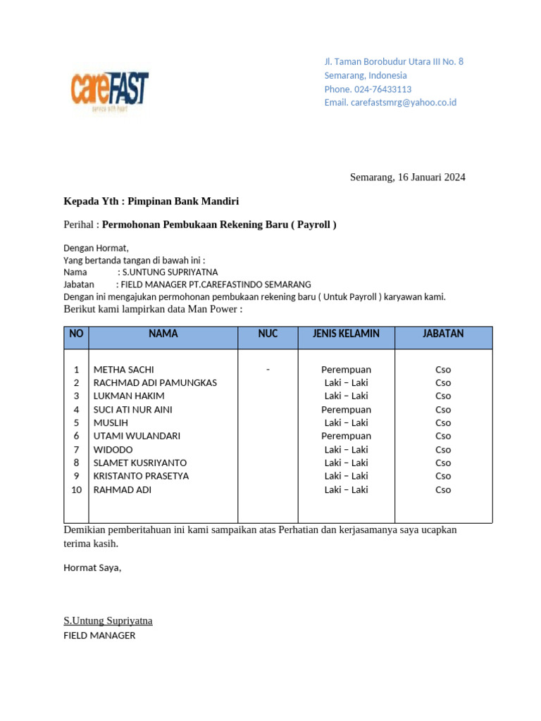 Permohonan Rekening Payroll Mandiri | PDF