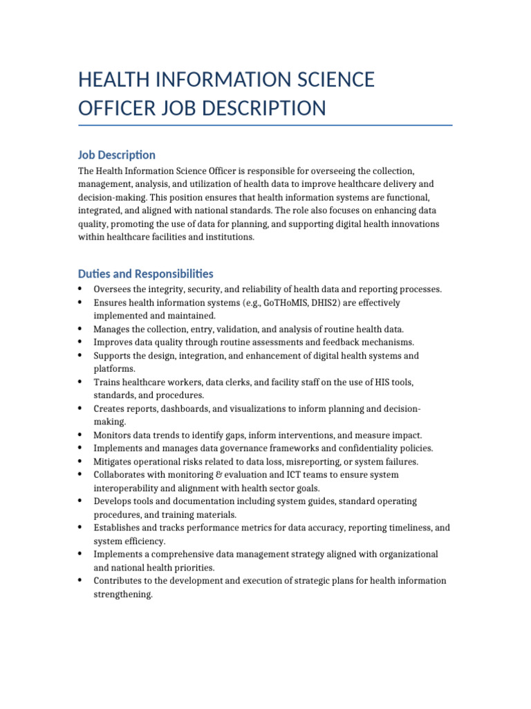 Health Information Science Officer Role | PDF