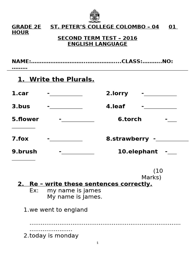 Grade 2 English Second Term Test 2016 | PDF | Language Families | Languages