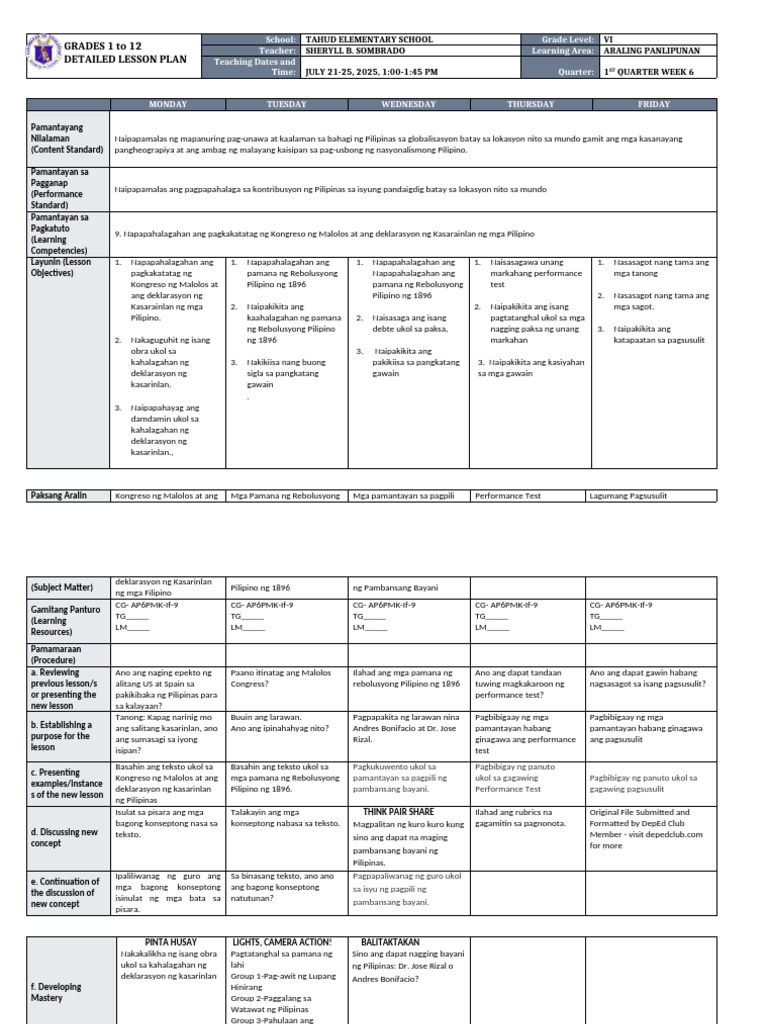 DLL - Araling Panlipunan 6 - Q1 - W6 | PDF