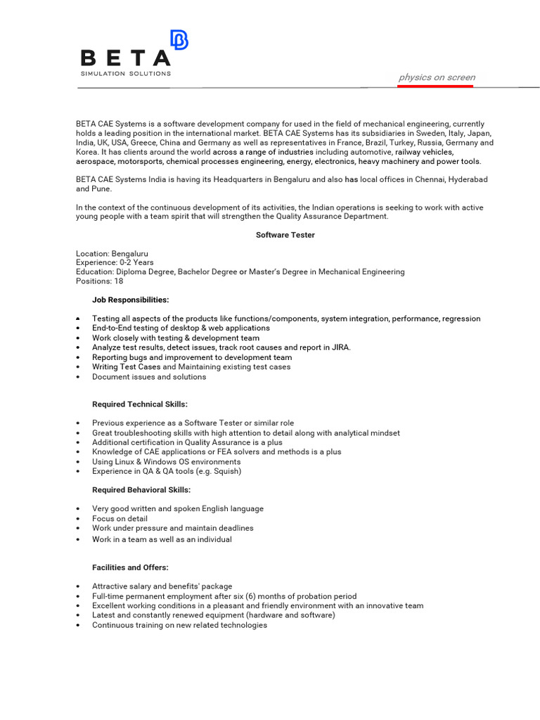 BETA CAE Systems India Pvt. Ltd.-Software Tester - Mechanical ...