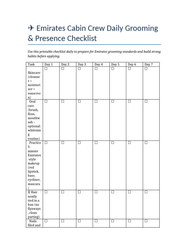 Emirates Cabin Crew Grooming Checklist | PDF