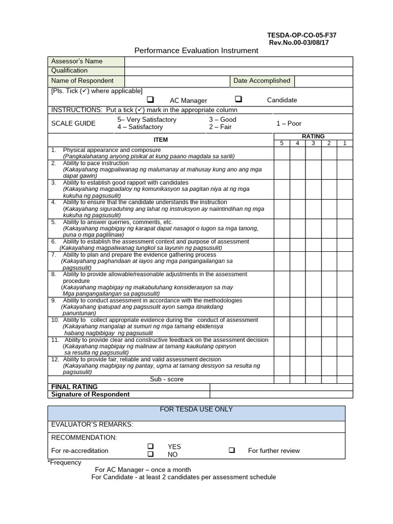 TESDA OP CO 05 F37 Performance Evaluation | PDF