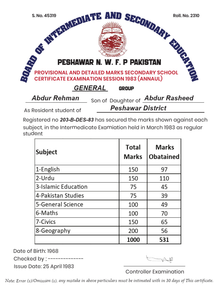 Detaiked Mark Sheet Abdul Rehamn Matric | PDF