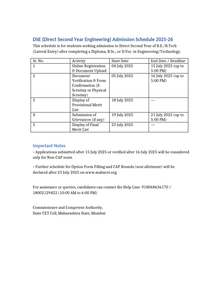DSE Admission Schedule 2025-26 | PDF