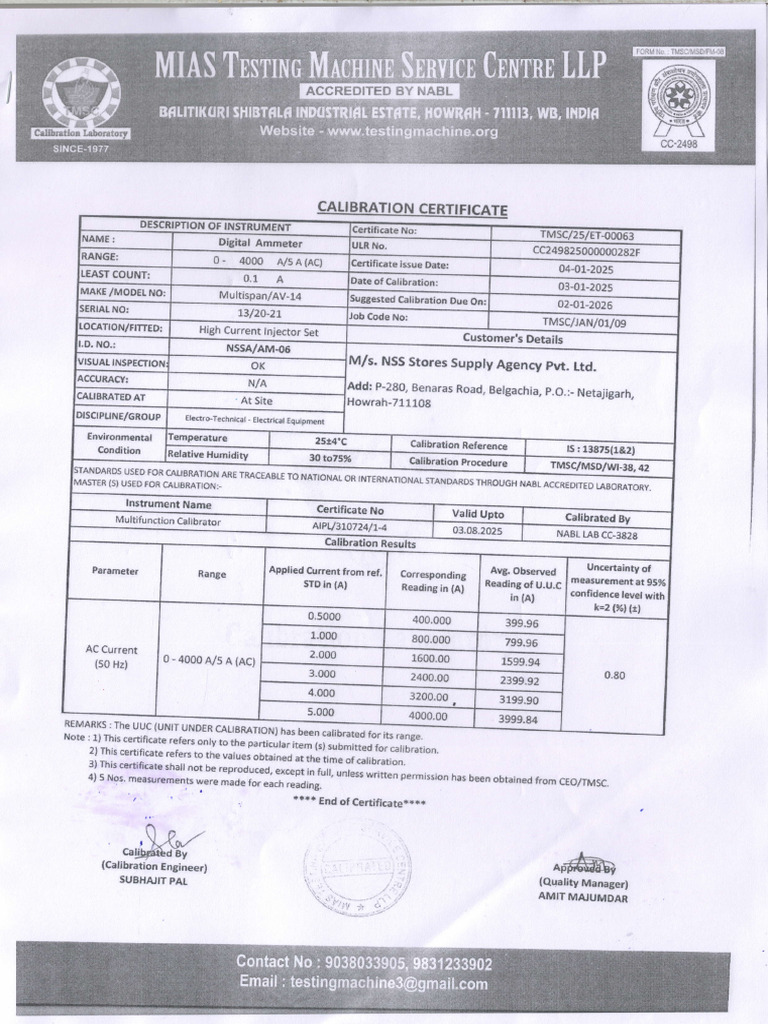 Digital Ammeter Calibration Certificate | PDF | Quantity | Physical ...