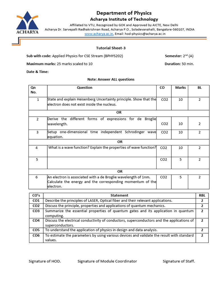 Tutorial Sheet-3 BPHYS202 | PDF | Electron | Wave Function