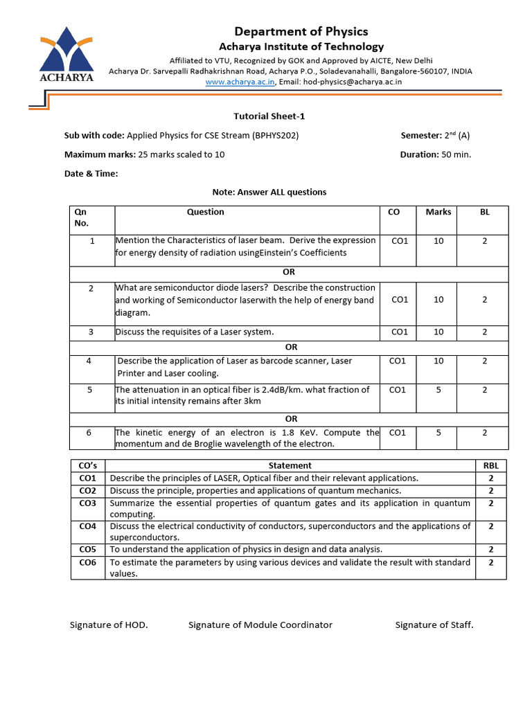 Tutorial Sheet-1 BPHYS202 | PDF | Laser | Electron