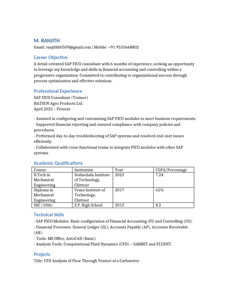 SAP FICO 6Months Experience Resume | PDF