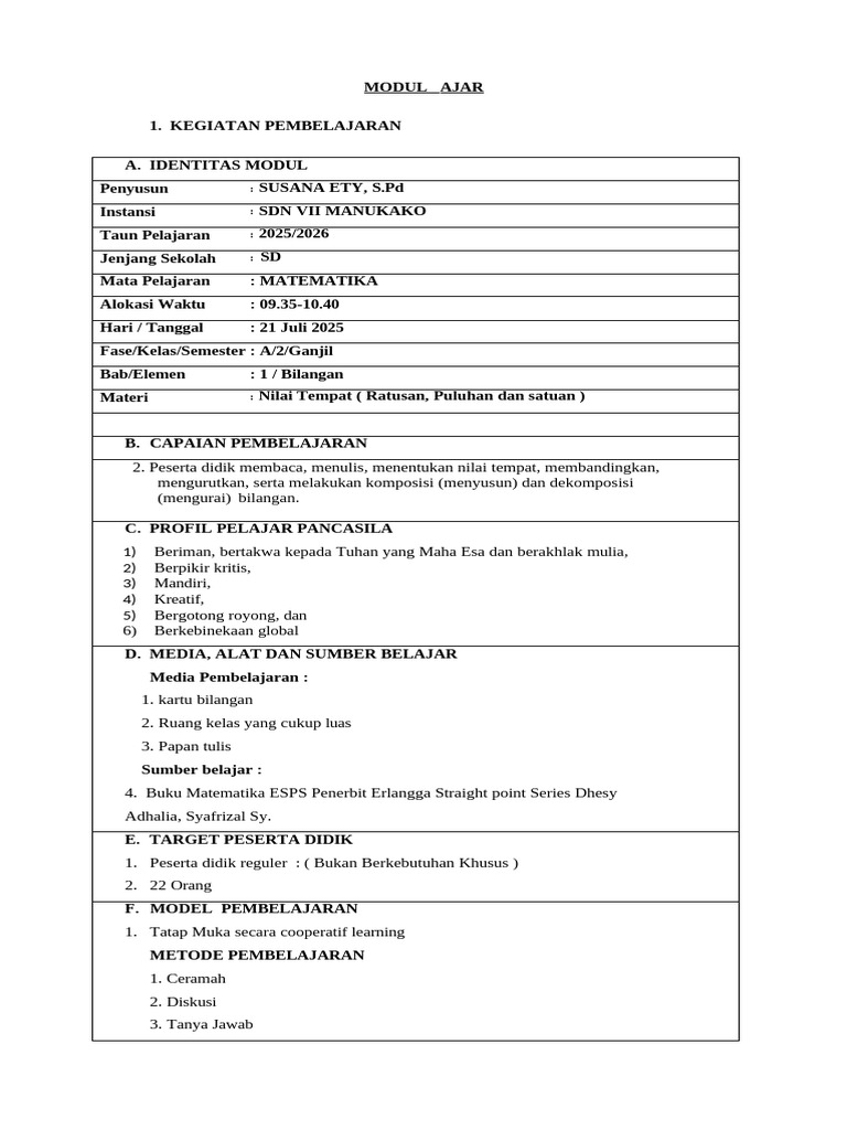 Modul Ajar Matematika Kelas 2 Materi Nilai Tempat | PDF