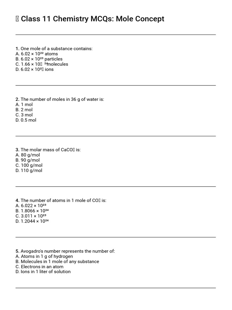 Class 11 Chemistry MCQs on Mole Concept | PDF
